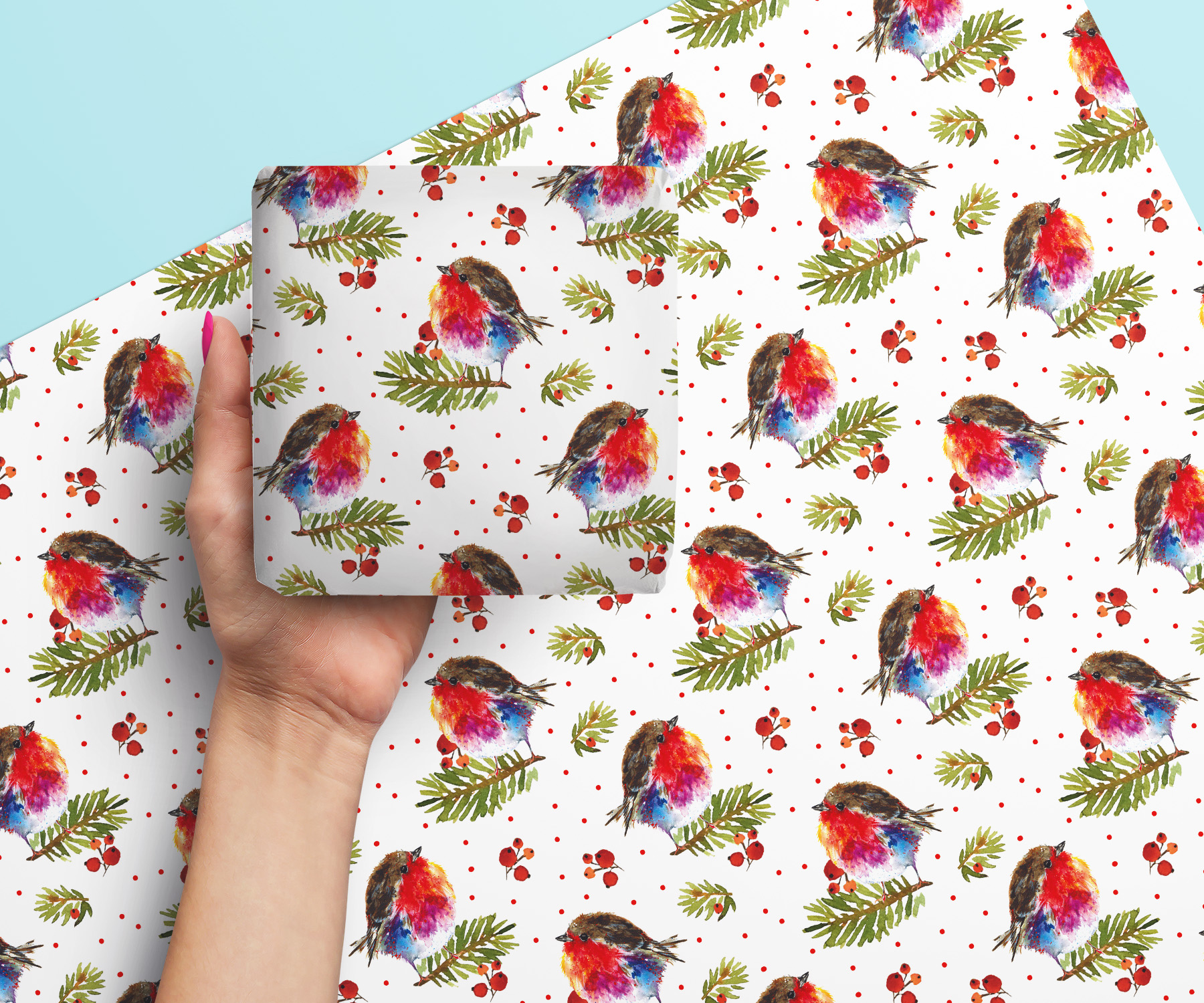 Robin and Holly Giftwrap Wrapping Paper 6 Sheets Assorted Tags